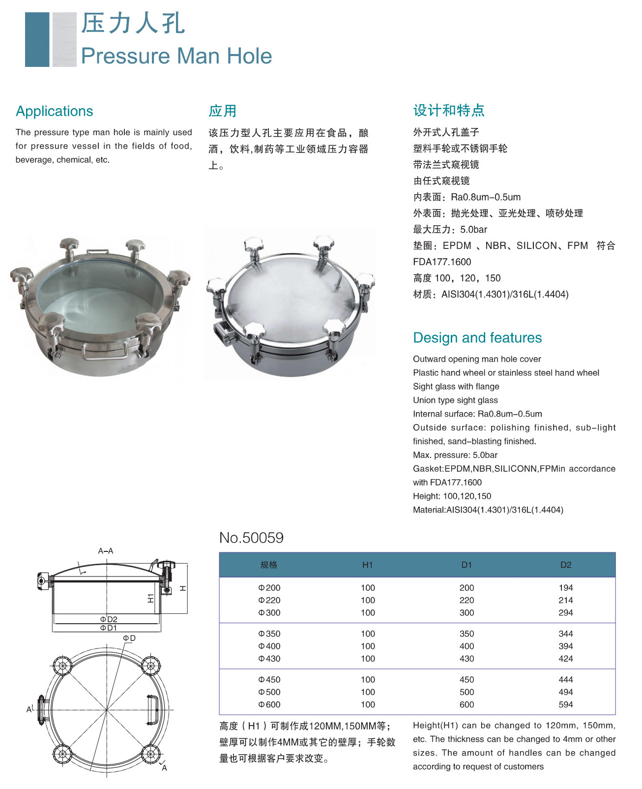 Stainless Steel Pressure Vessel Manway with Sight Glass from China ...